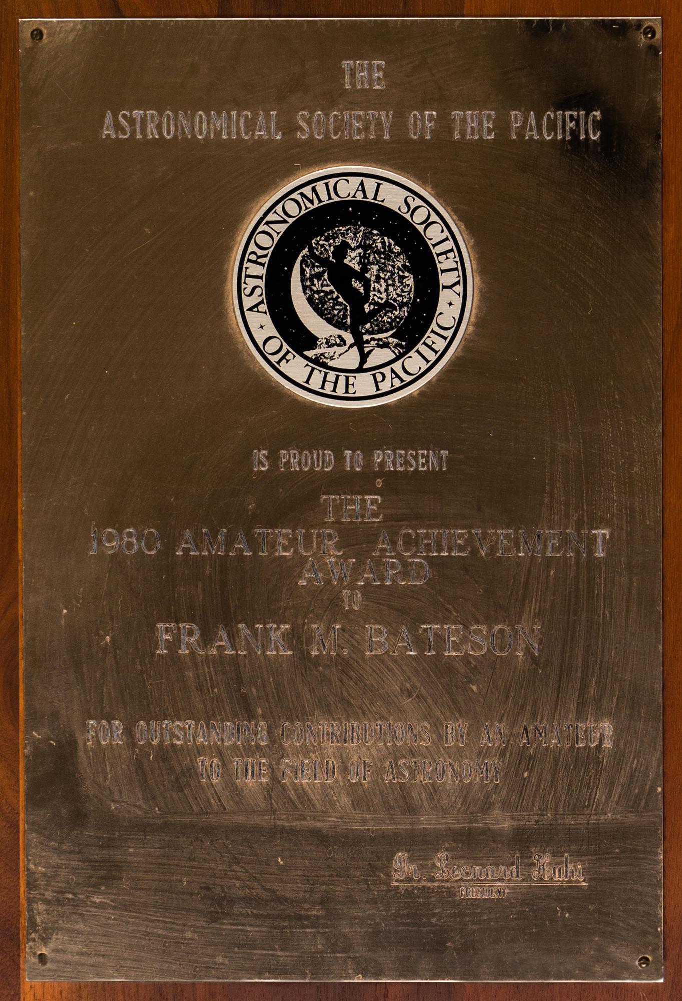 Plaque, Award, Frank Bateson - Tauranga Heritage Collection
